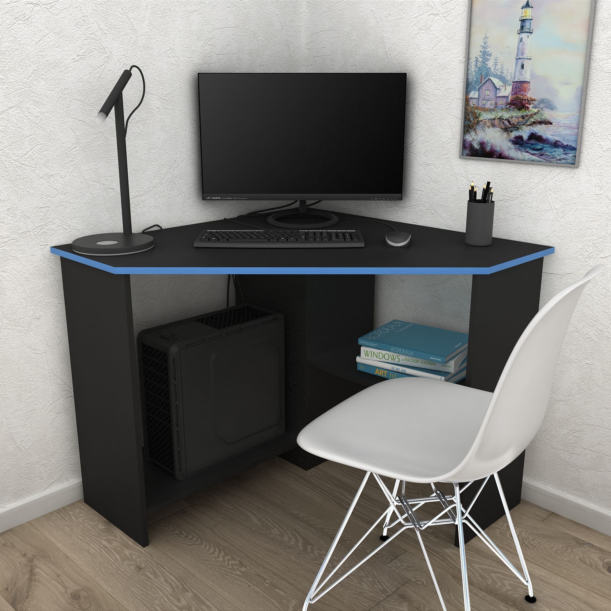 Стол письменный угловой компьютерный Дизайн Фабрика Corner 900 Черный/Голубой, 90х90 см