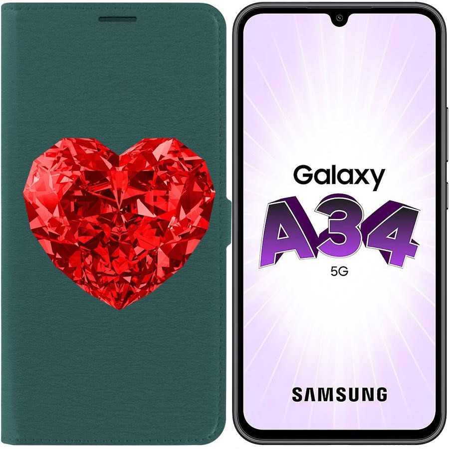 Чехол-книжка Эко для Samsung Galaxy A34 5G (A346) Рубиновое сердце (зелёный опал)