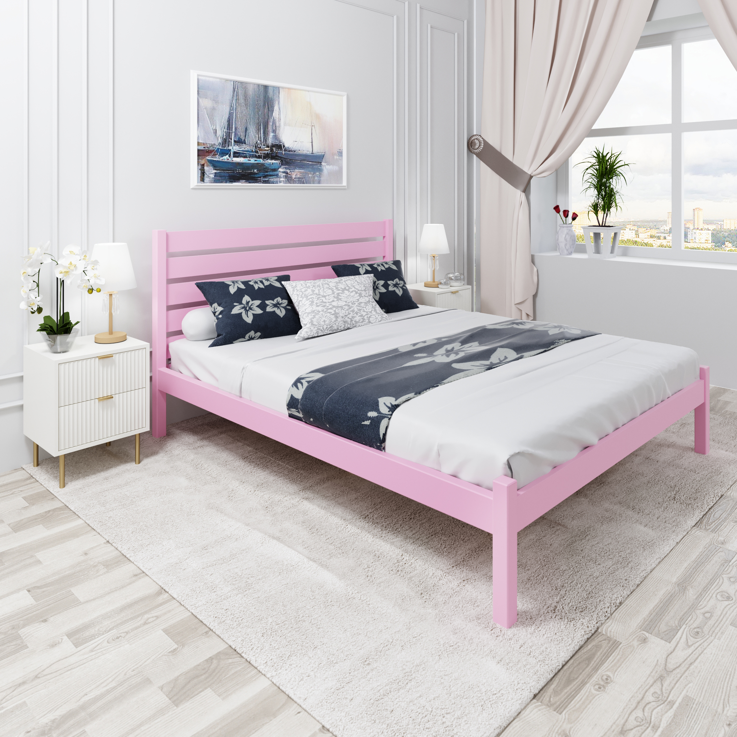 Кровать Solarius Классика высокая спинка сплошное основание 200х120, цвет розовый