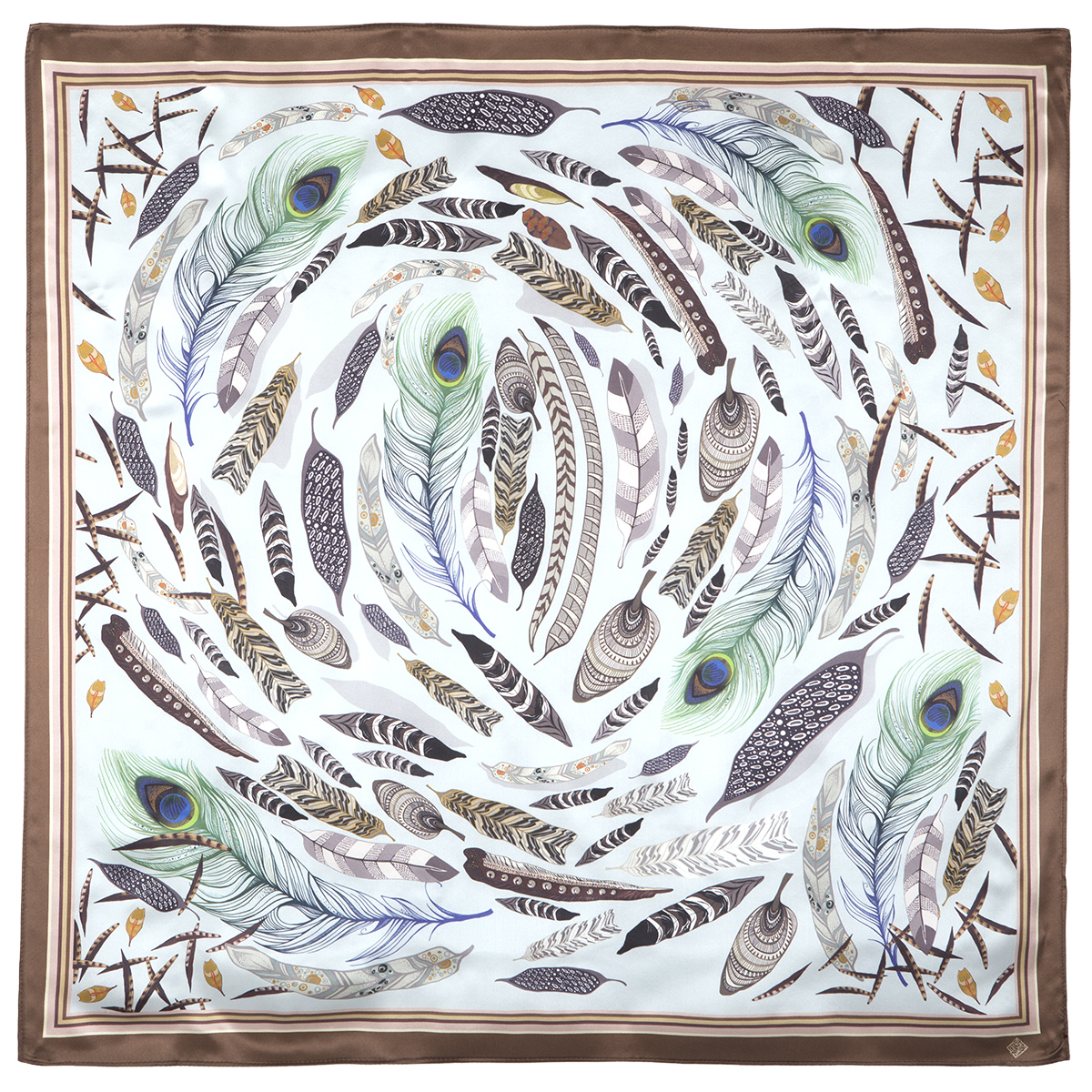 Платок женский Павловопосадский платок 10077 коричневый/белый/зеленый, 89x89 см
