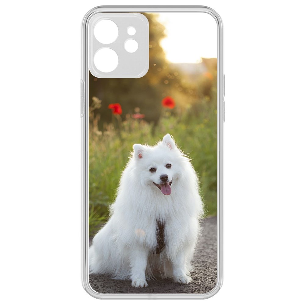 Чехол-накладка Krutoff Clear Case Белый шпиц для iPhone 12 с защитой камеры