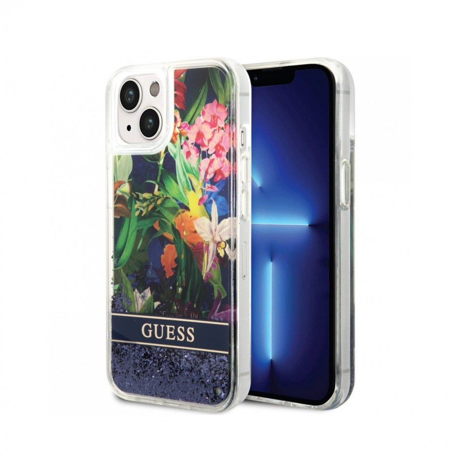 Чехол CG Mobile Guess Liquid Glitter Flower Hard для iPhone 14, Синий (GUHCP14SLFLSB)