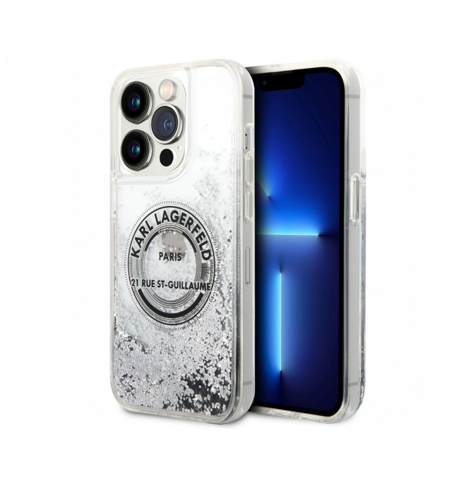Чехол Karl Lagerfeld Liquid glitter Round RSG logo Hard для iPhone 14 Pro, Серебристый