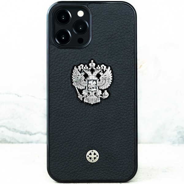 Чехол iPhone 13 Pro Max - Euphoria Premium Leather Black - Герб РФ - Euphoria HM Premium