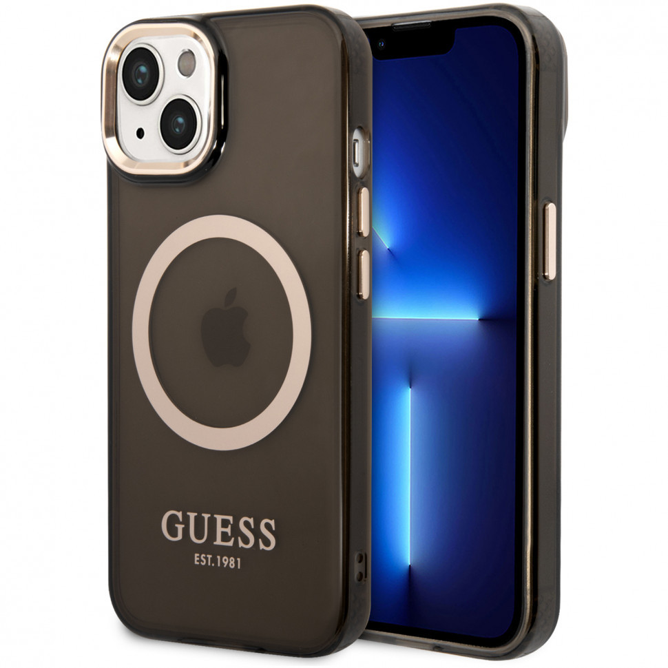 Чехол guess pc/tpu metal outline translucent hard magsafe для iphone 14, черный/золотой