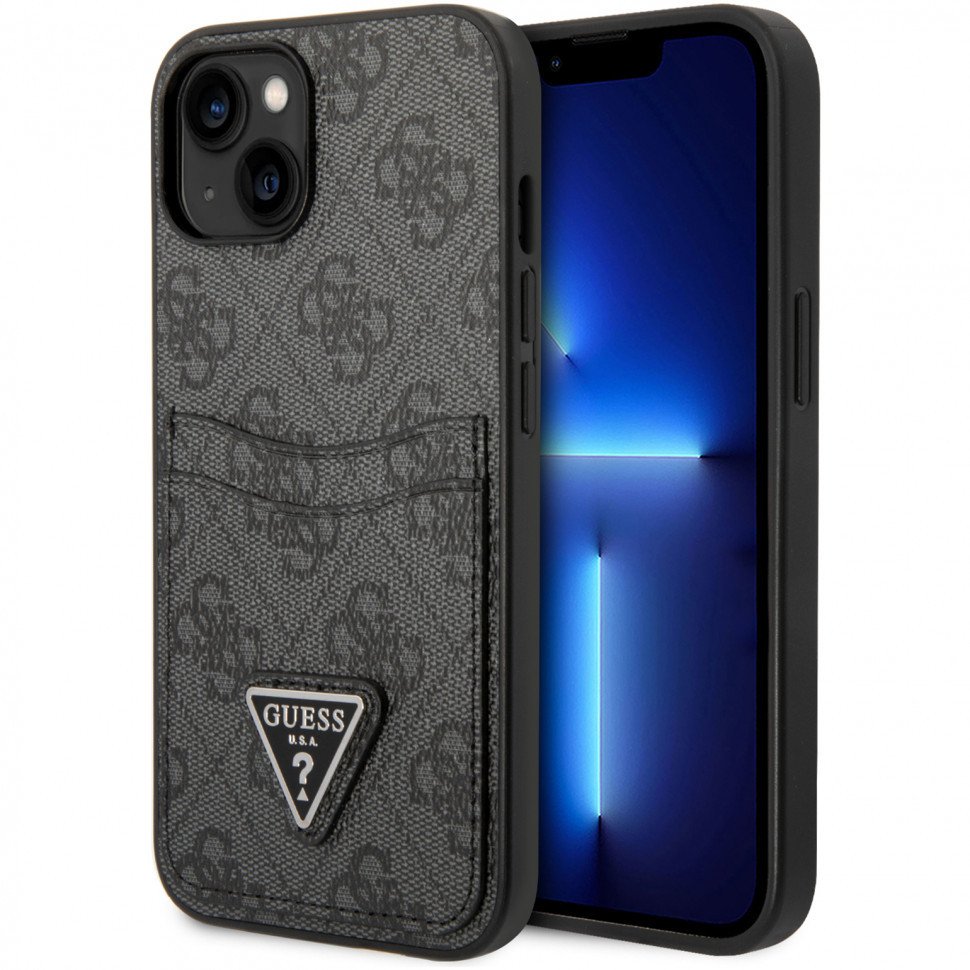 Чехол guess pu 4g double cardslot w metal triangle logo hard для iphone 14, черный