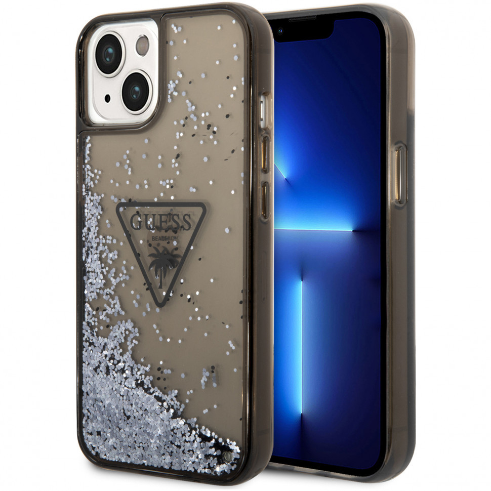 Чехол cg mobile guess liquid glitter triangle logo translucent для iphone 14 plus, черный