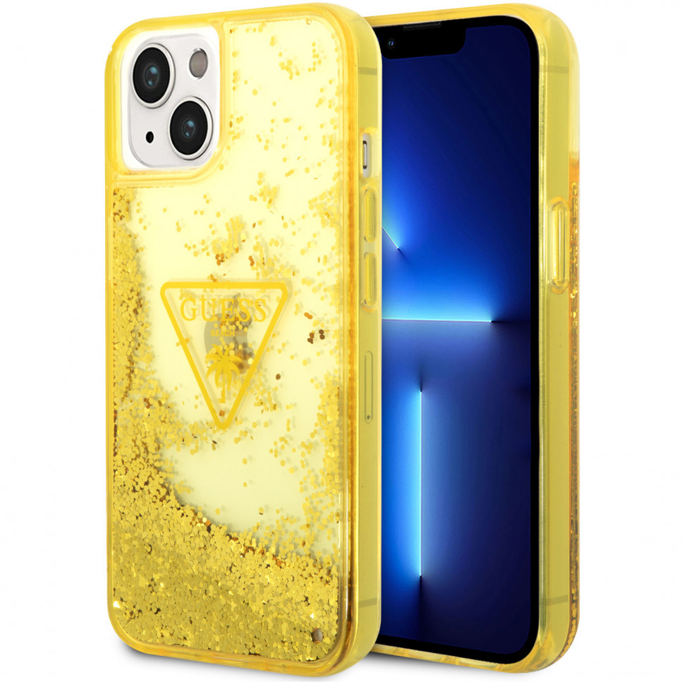 Чехол cg mobile guess liquid glitter triangle logo translucent для iphone 14 plus, желтый