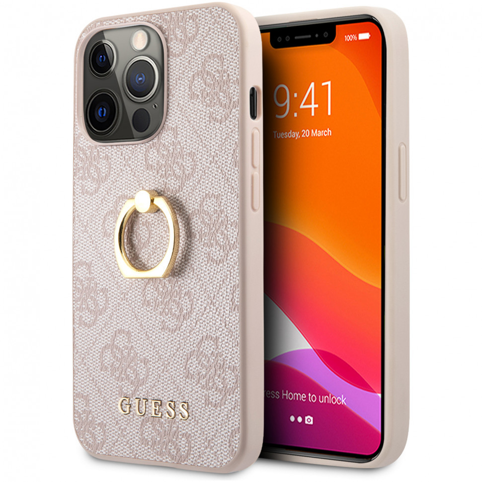 Чехол Guess pu 4g + ring hard для iphone 14 pro, розовый (guhcp14l4gmrpi)