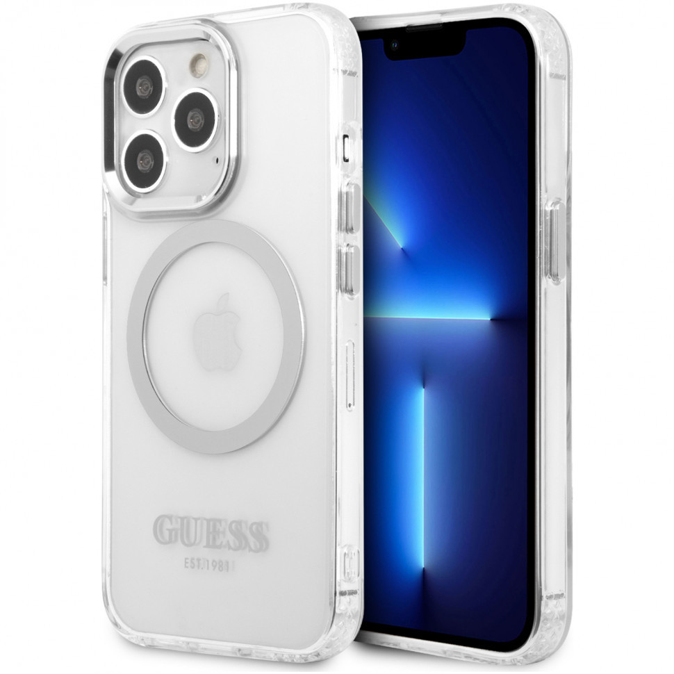 Чехол guess pc/tpu metal outline hard (magsafe) для iphone 13 pro, прозрачный/серебристый