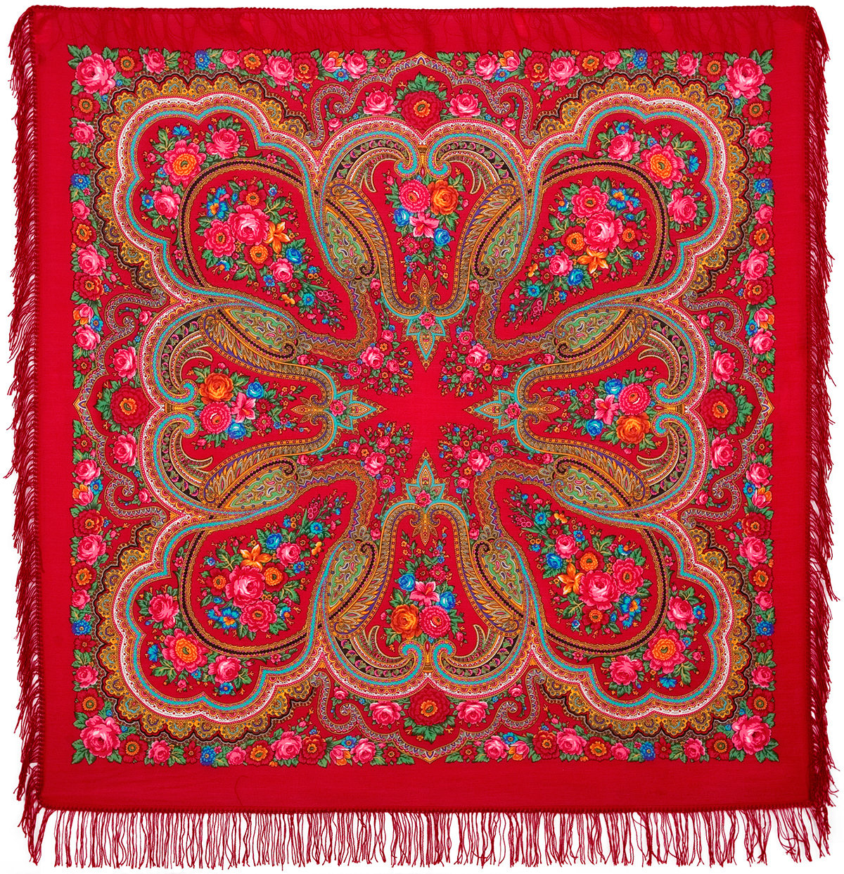 Платок женский Павловопосадский платок 1289 красный/зеленый/розовый, 146х146 см