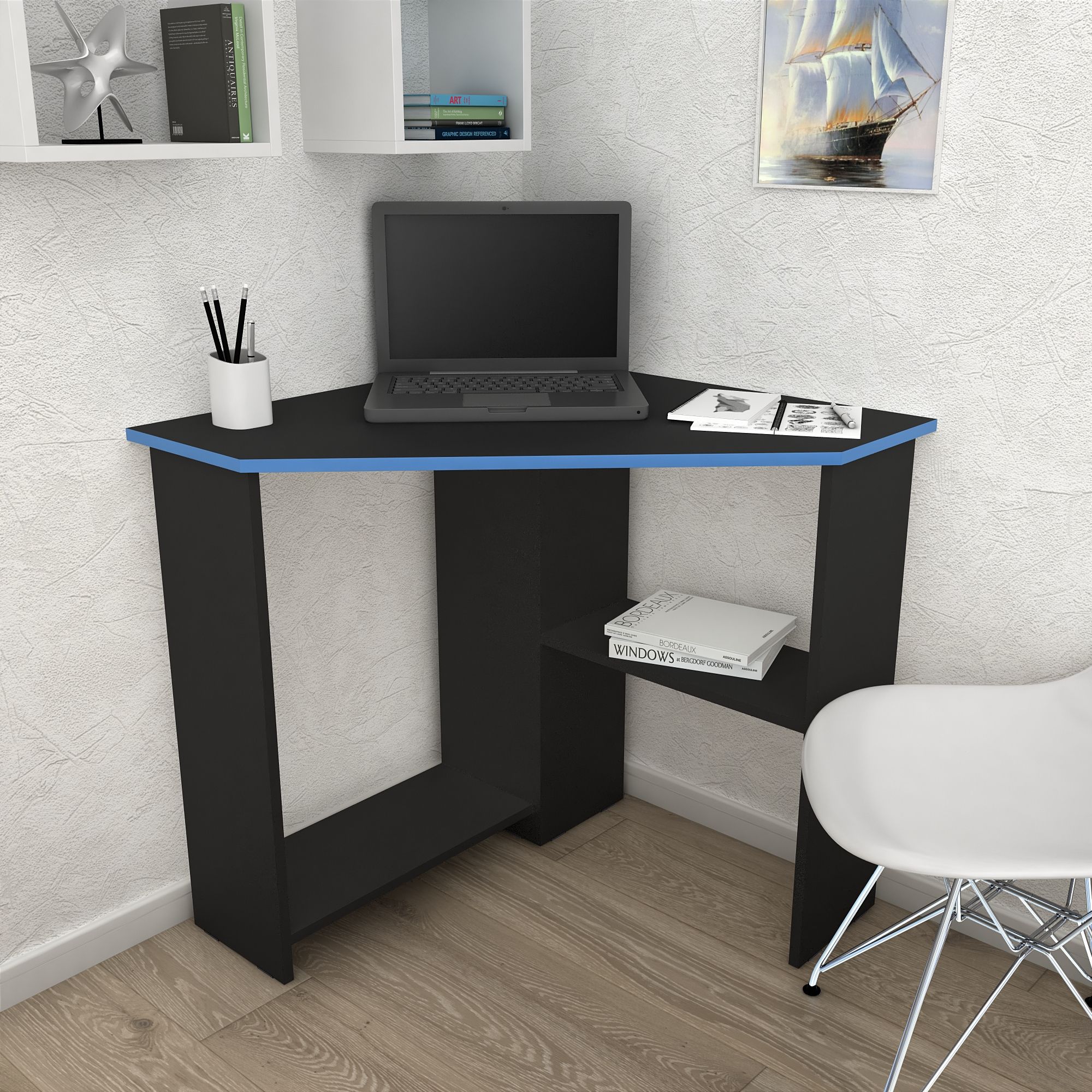 Стол письменный угловой компьютерный Дизайн Фабрика Corner 750, Черный/Голубой, 75х75 см