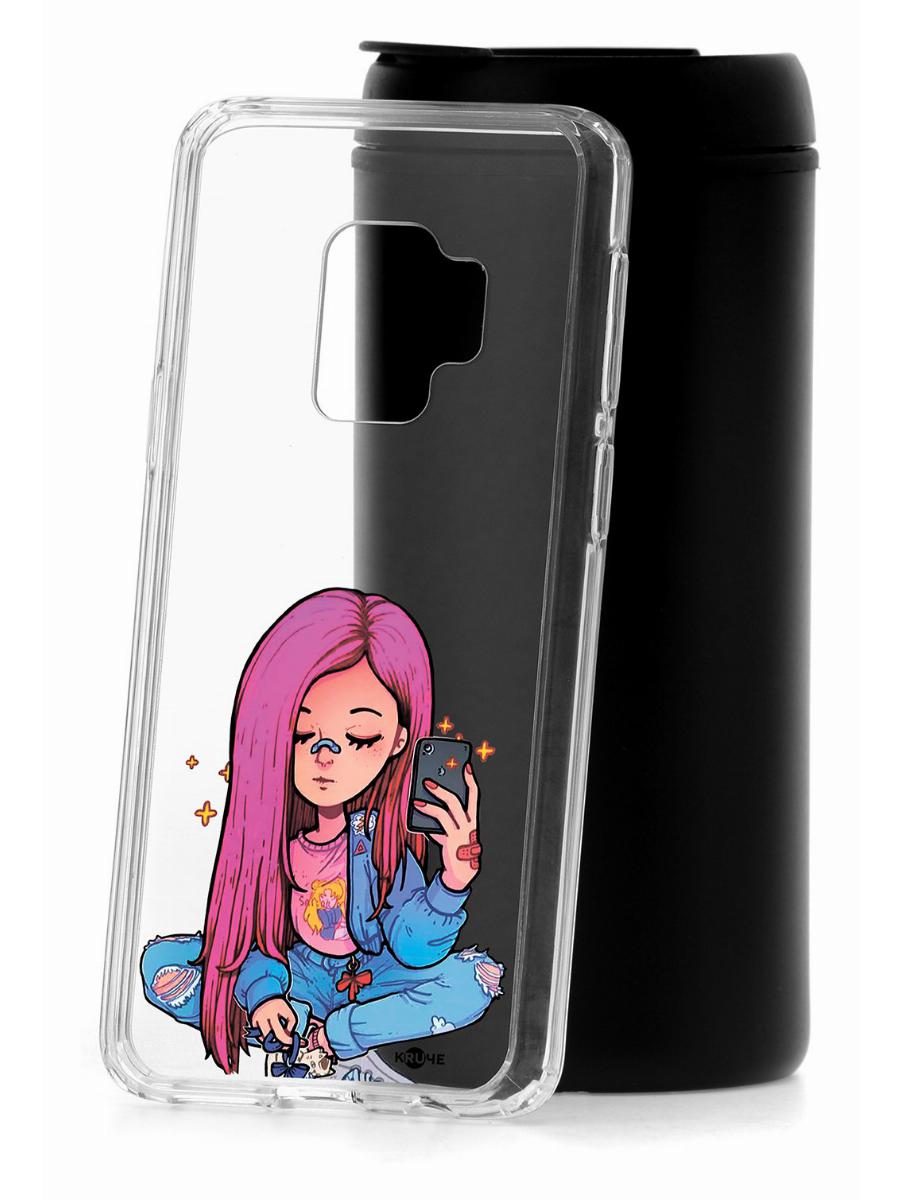 Чехол на Samsung Galaxy S9 Kruche Print Pink Hair,противоударный бампер,с защитой камеры