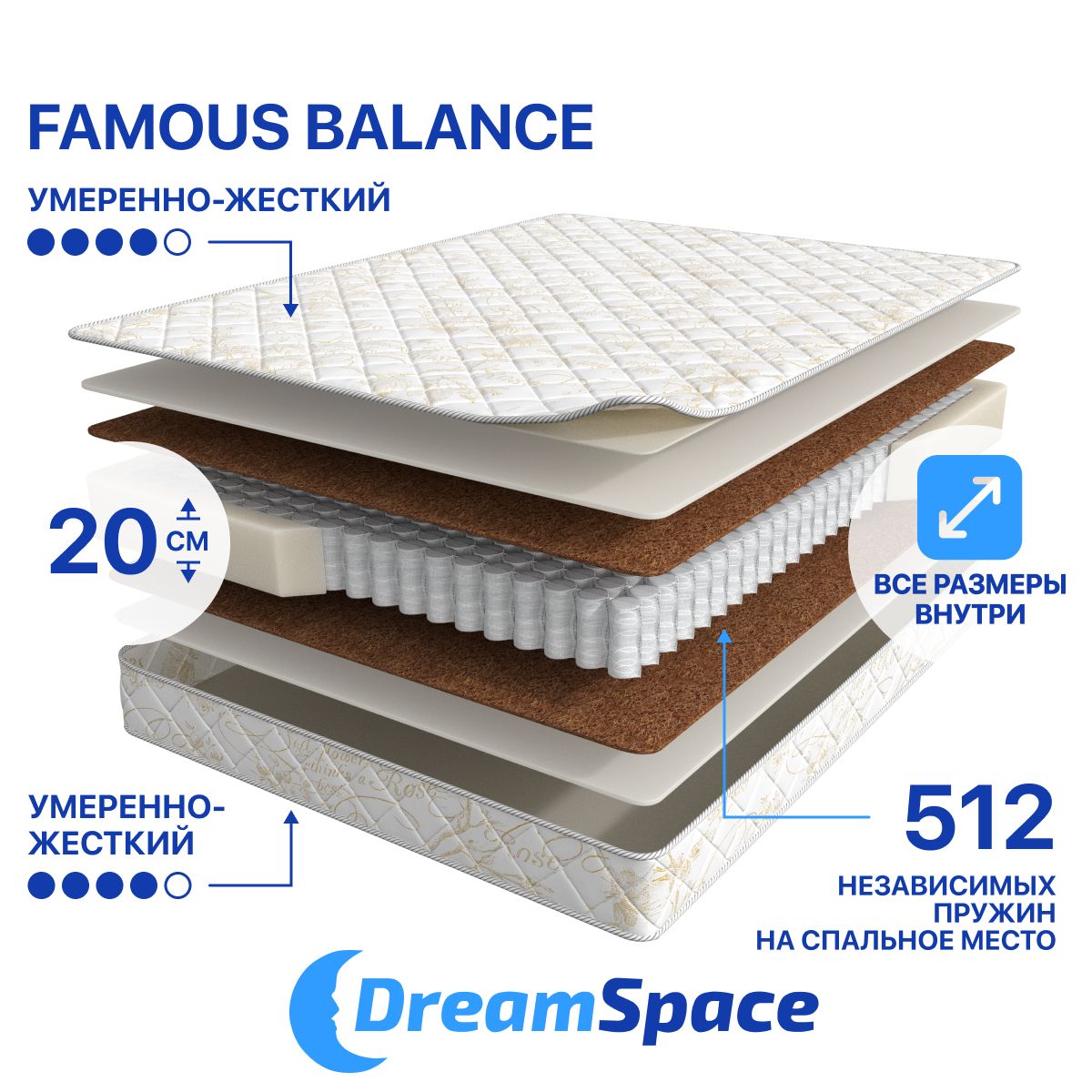 Матрас DreamSpace Famous Cloud, Независимые пружины, 70х190 см