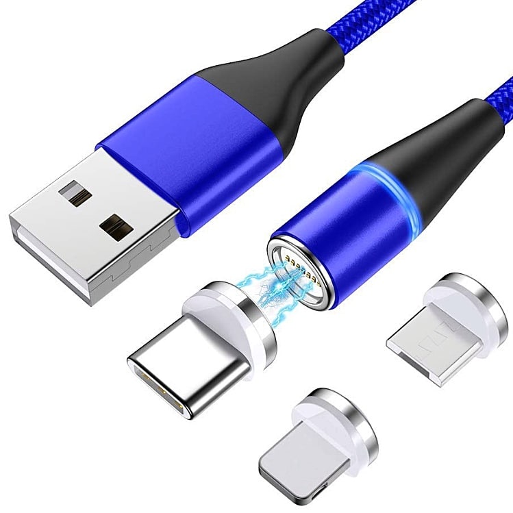 Кабель USB магнитный / 3 разъема юсб / micro usb, type C, lightning / синий
