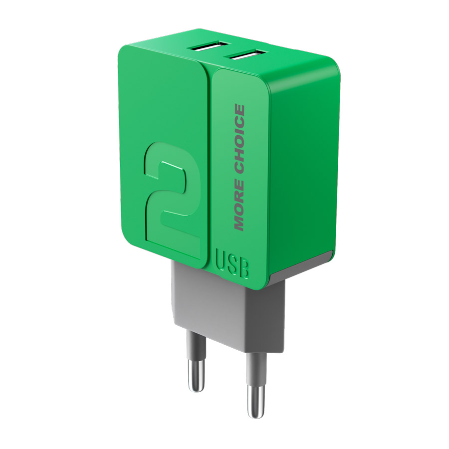 Сетевое Зарядное устройство с двумя разъёмами USB, More choice NC46, 2USB 2.4A, Green