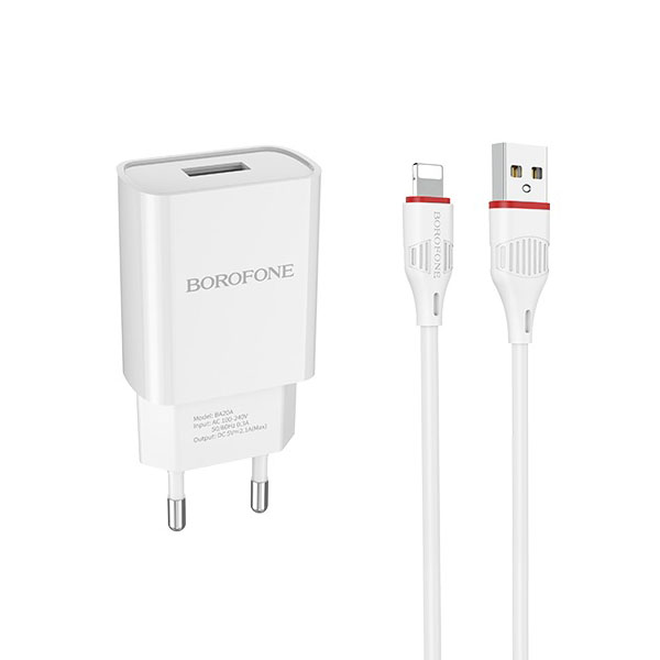 Сетевое зарядное устройство Borofone BA20A, 1xUSB, lightning, 2,1 A, white