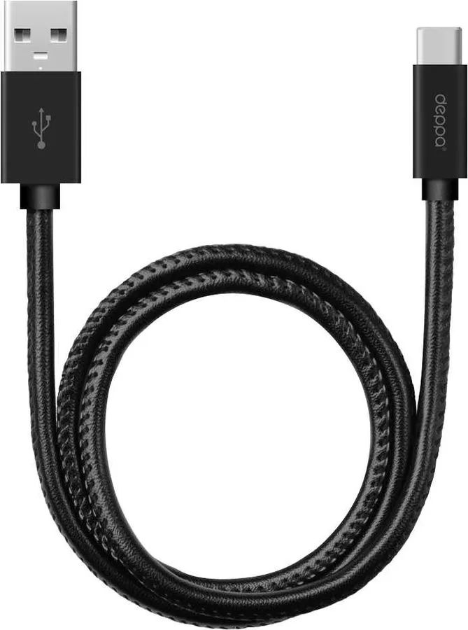 Кабель Deppa USB - USB Type-C алюминий/экокожа 2.4А, 1.2 м, черный (72270)