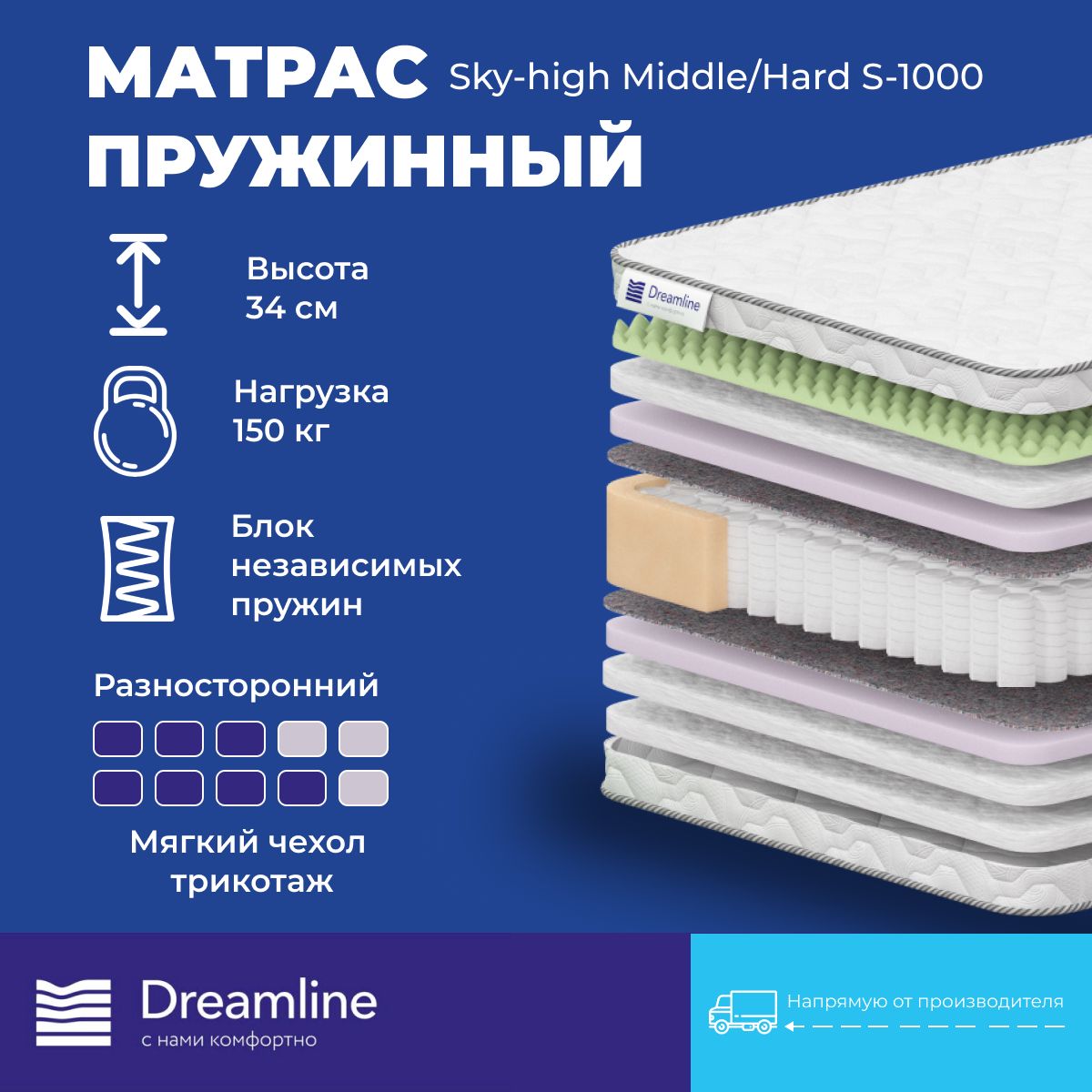 Матрас Dreamline Sky-high Middle/Hard S1000 независимые пружины 180x170 см