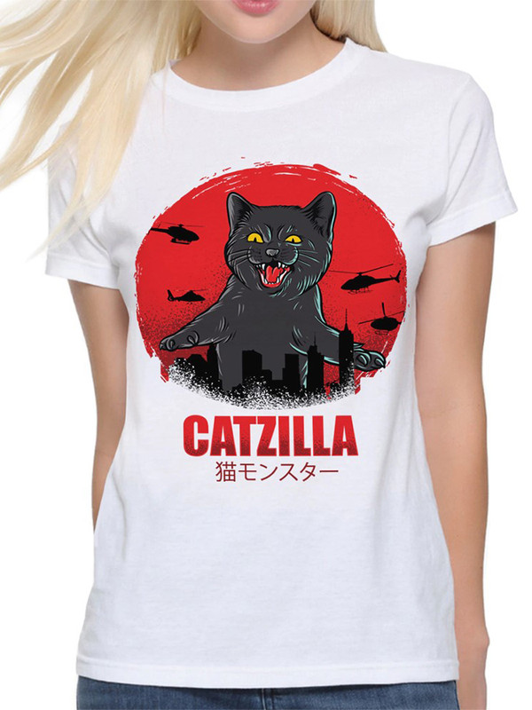 Футболка женская DreamShirts Studio Котик Годзилла / Котзилла / Godzilla белая 2XL