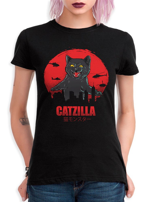 Футболка женская DreamShirts Studio Котик Годзилла / Котзилла / Godzilla черная 2XL