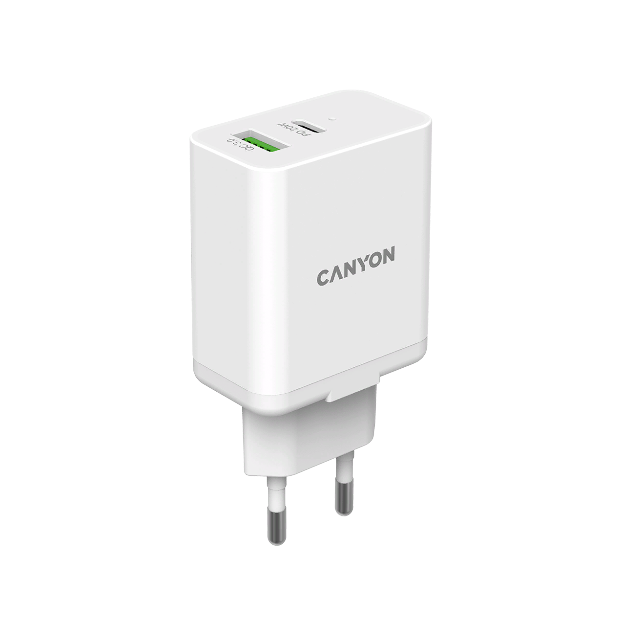 Сетевое зарядное устройство Canyon H-20W03, USB-C + USB-A, 3A, белый [cne-cha20w03]