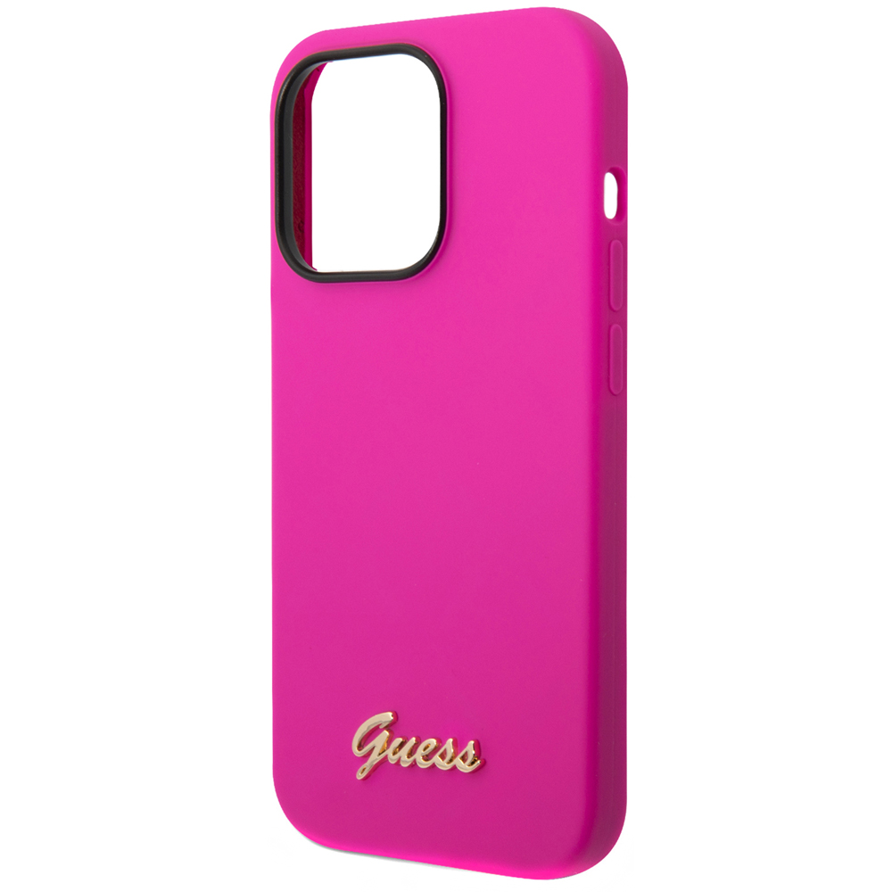 Панель-накладка Guess Liquid Silicone Gold Metal Logo Hard Fuschia для iPhone 14 Pro