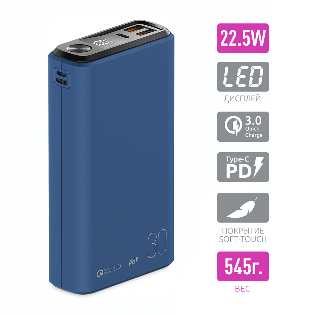 Внешний аккумулятор Olmio QS-30 PD 30000mAh, 20W, темно-синий