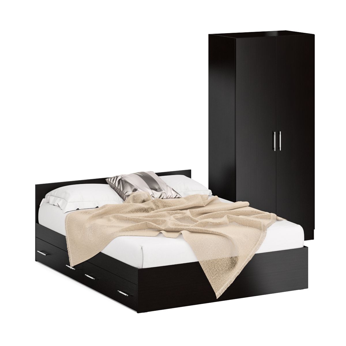 Двуспальная кровать с ящиками со шкафом для одежды СВК Стандарт 1600Я+Ш2 венге