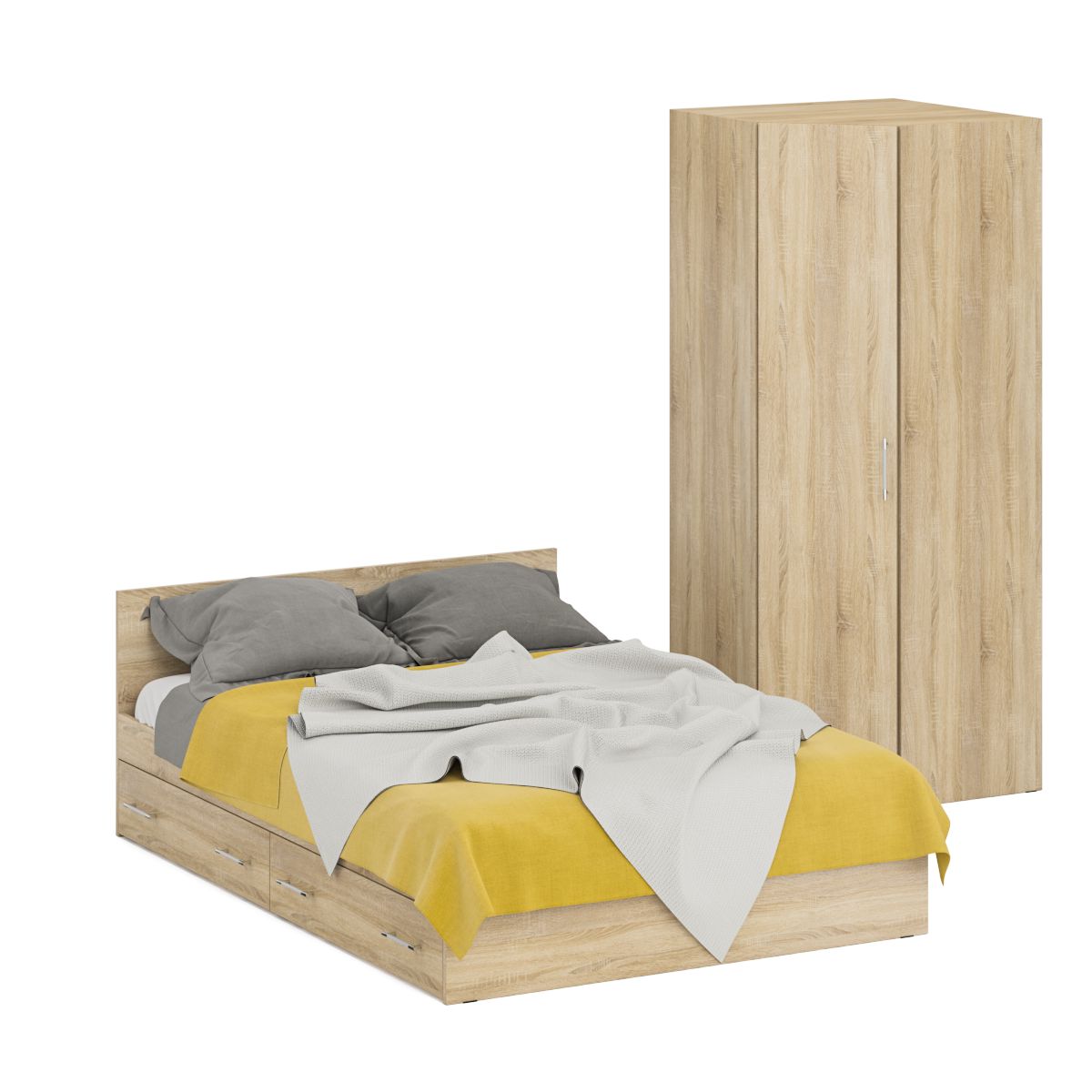 Двуспальная кровать с ящиками с угловым шкафом СВК Стандарт 1400Я+ШУ дуб сонома