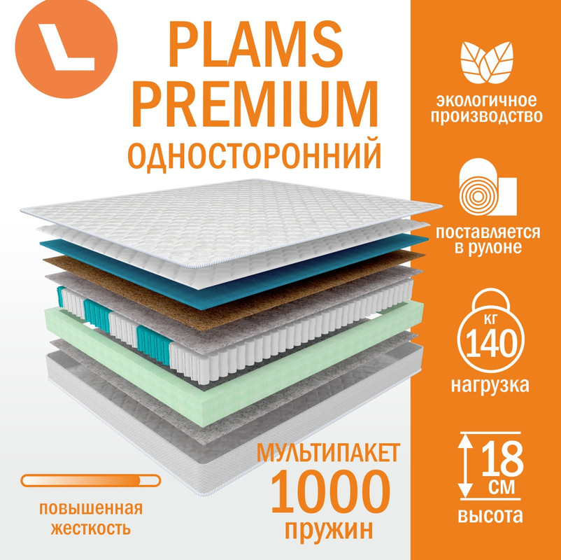 Матрас пружинный Plams Premium 90х180 односторонний