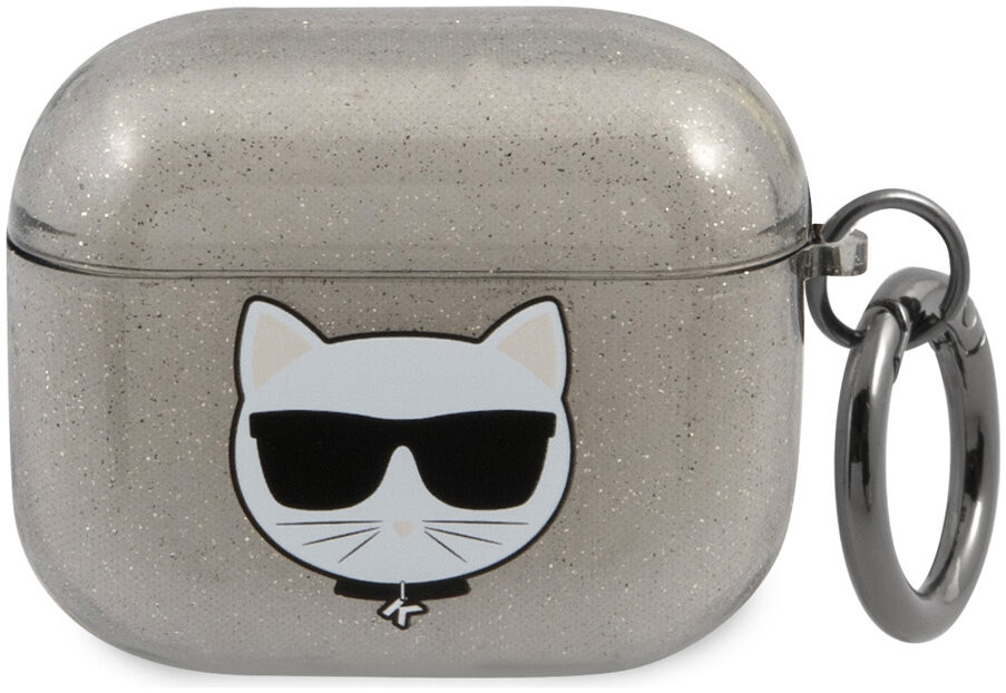 Чехол с карабином Karl Lagerfeld TPU Choupette Glitters для AirPods 3 Черный