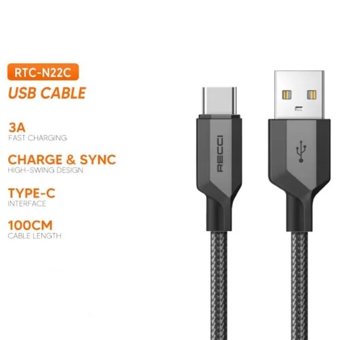 Кабель для зарядки телефона Recci RTC-N22C Giant USB to Type-C 3A, 1 метр - Черный