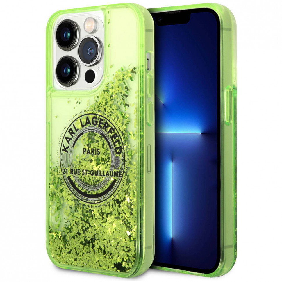 Чехол CG Mobile Karl Lagerfeld Liquid glitter RSG logo Hard для iPhone 13 Pro Max, Зеленый